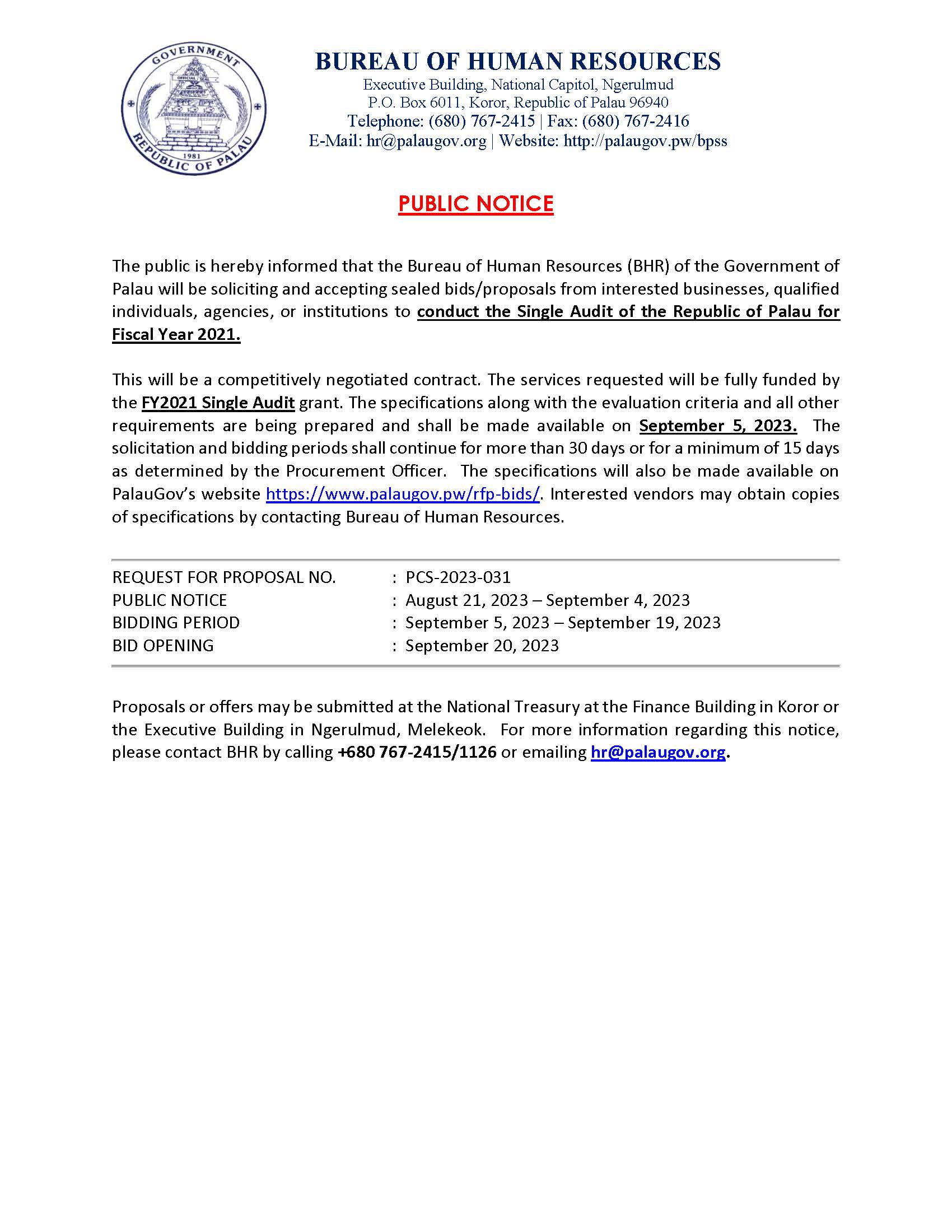 15 Day Notice: PCS-2023-031: To conduct the Single Audit of the ...