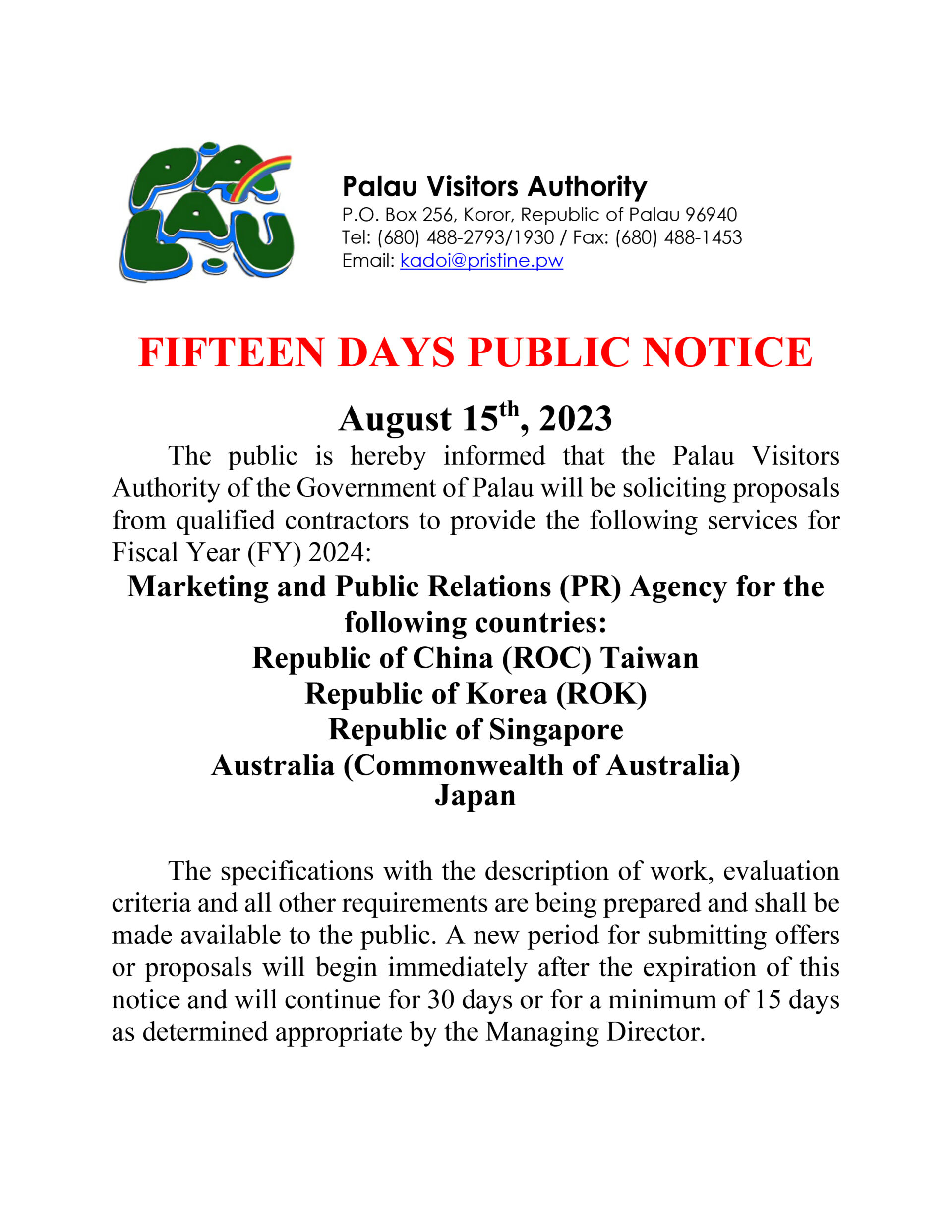 15 Days Public Notice (Marketing and Public Relations)